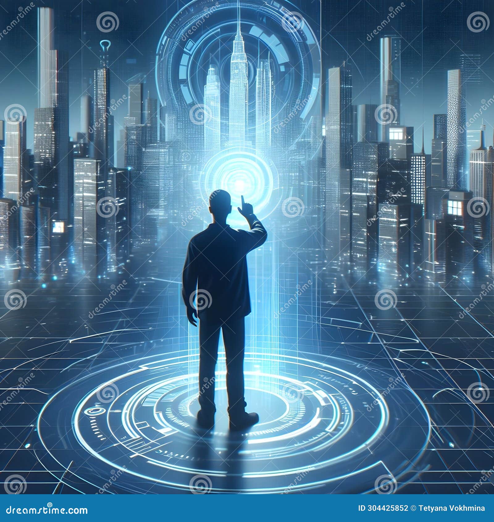 Human Figure in a Hologram. Data Analytics in a High-Tech Room Stock ...