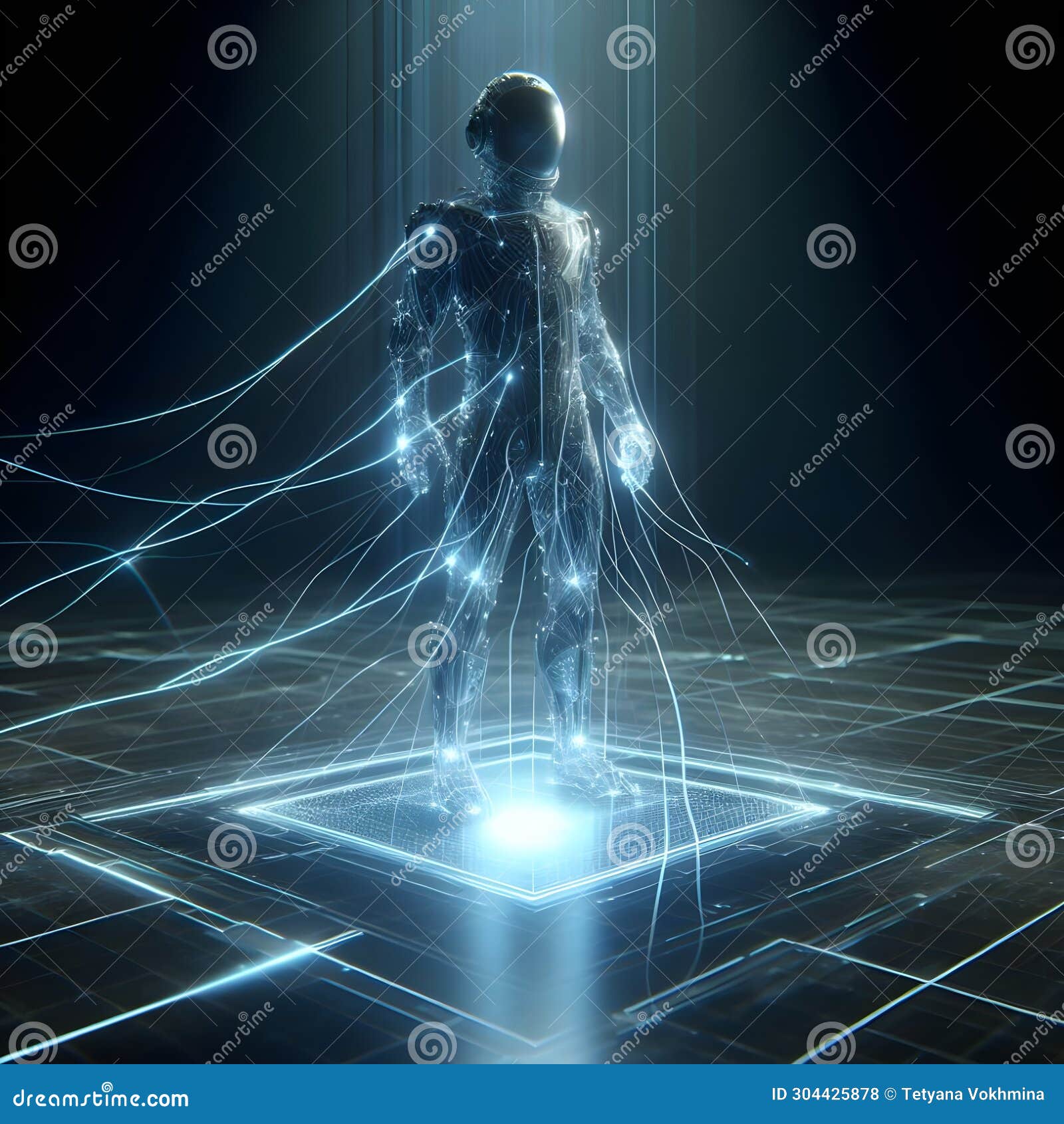Human Figure in a Hologram. Data Analytics in a High-Tech Room Stock ...