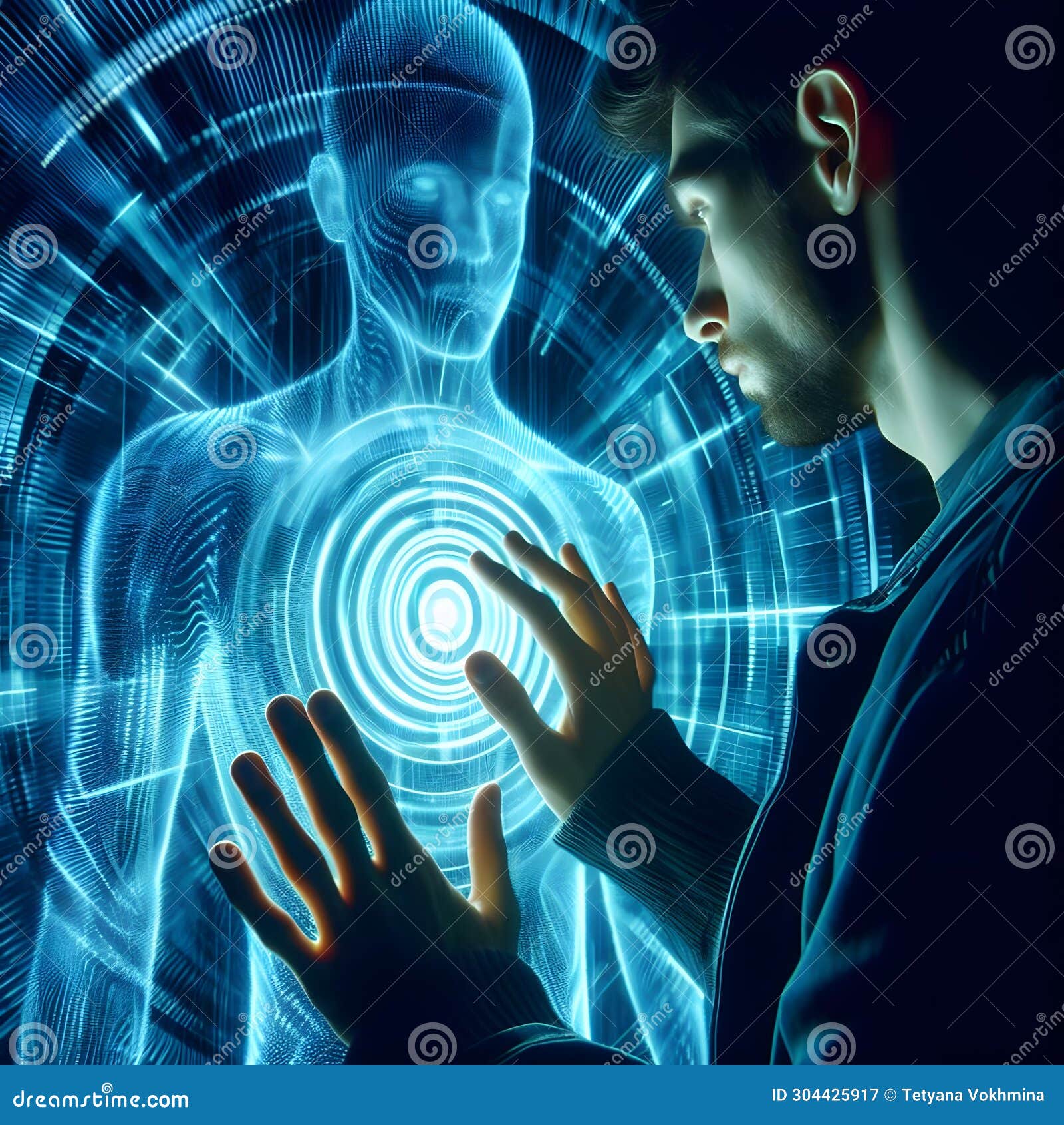 Human Figure in a Hologram. Data Analytics in a High-Tech Room Stock ...