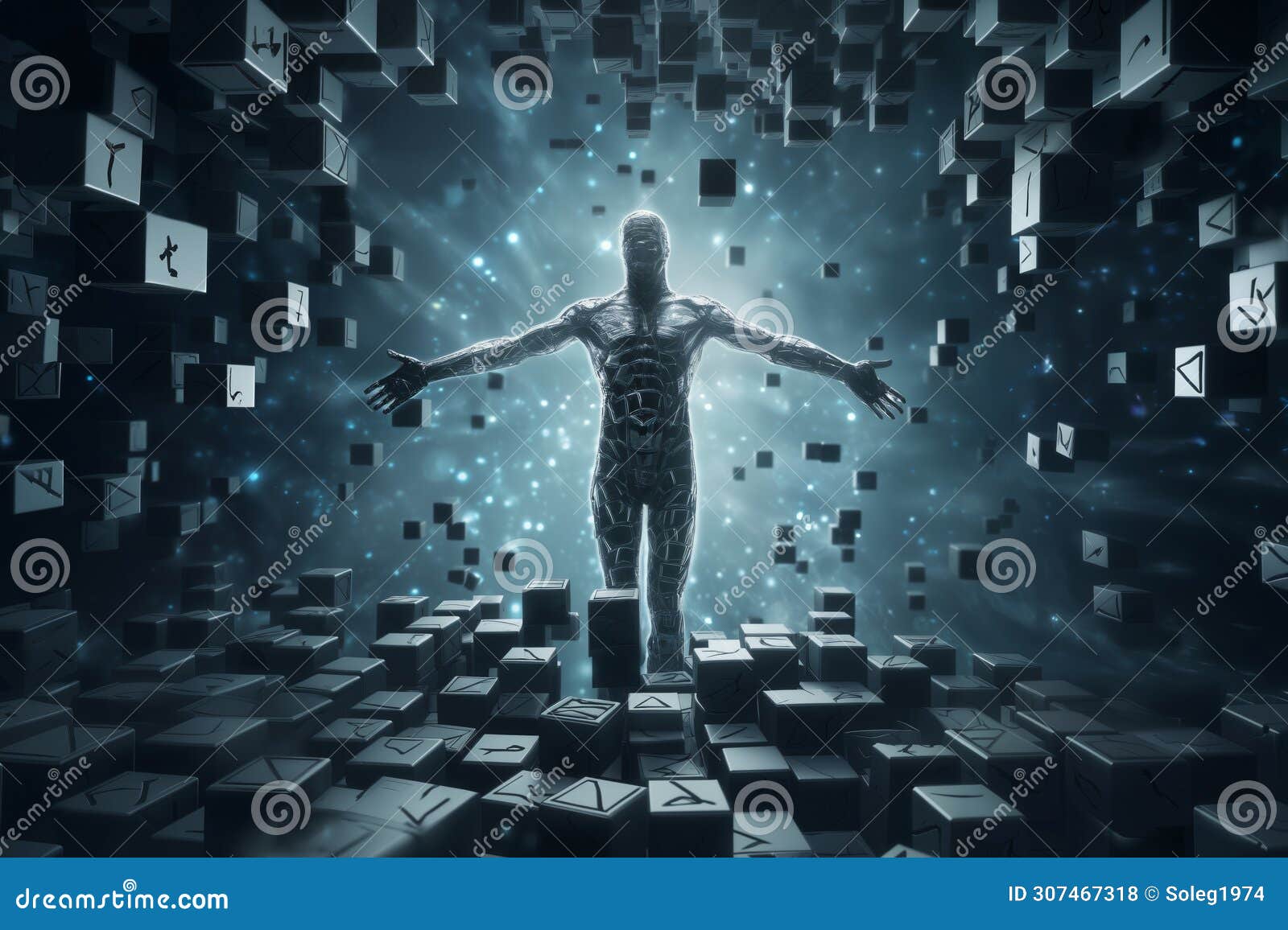 A Human Figure Made of Squares and Cubes, Standing in Front of a ...