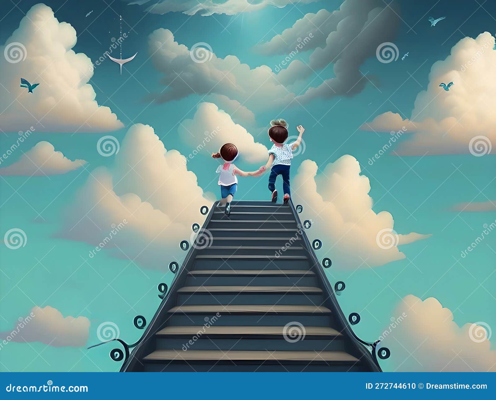 The Human Figures Ascend a Stairway of Clouds To Reach the Heaven ...