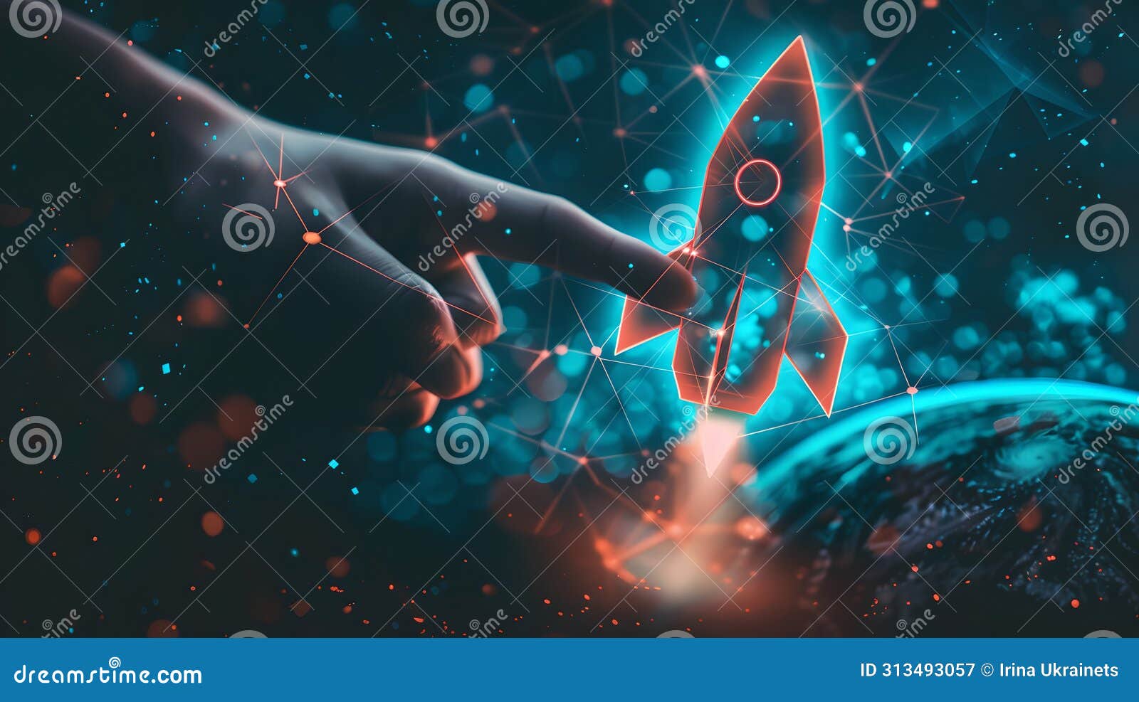 Human Finger Pointing at a Vibrant, Illuminated Rocket Launch Against a ...