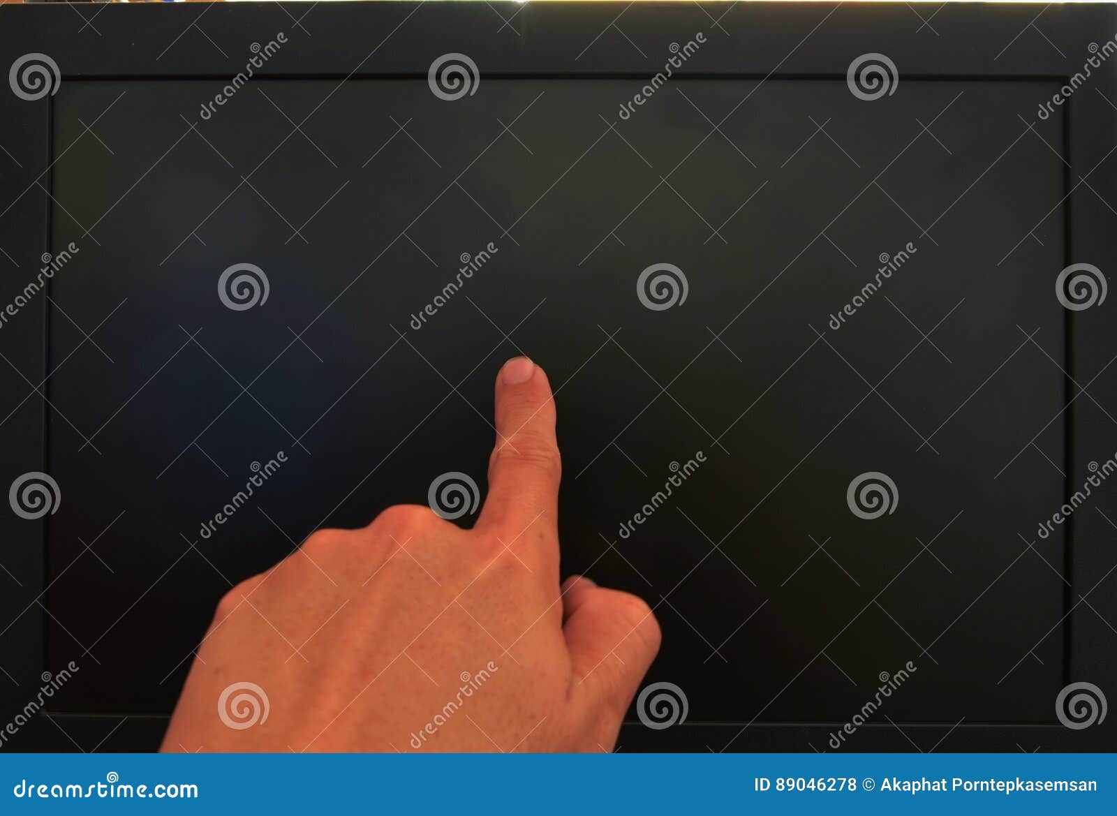 Human Finger Touching on Black Computer Screen Stock Photo - Image of ...