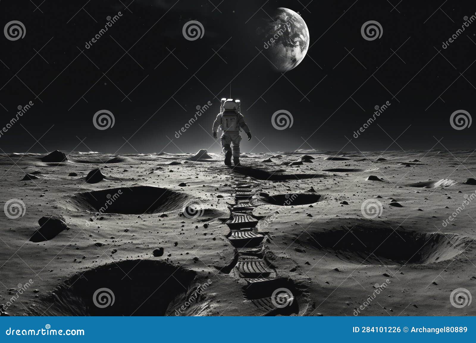 Human Footprints on the Moon. Generative AI Stock Illustration ...