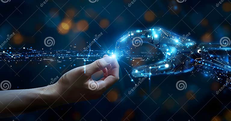 Human Hand and AI Robot S Finger Touch Each Other with Digital Data ...