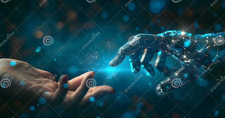 Human Hand and AI Robot S Finger Touch Each Other with Digital Data ...