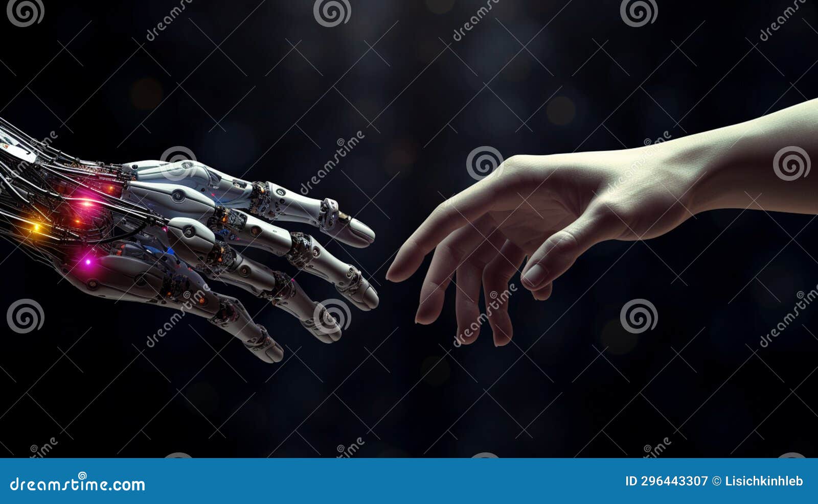 Human Hand and Android Cyborg. Artificial Intelligence Technology ...