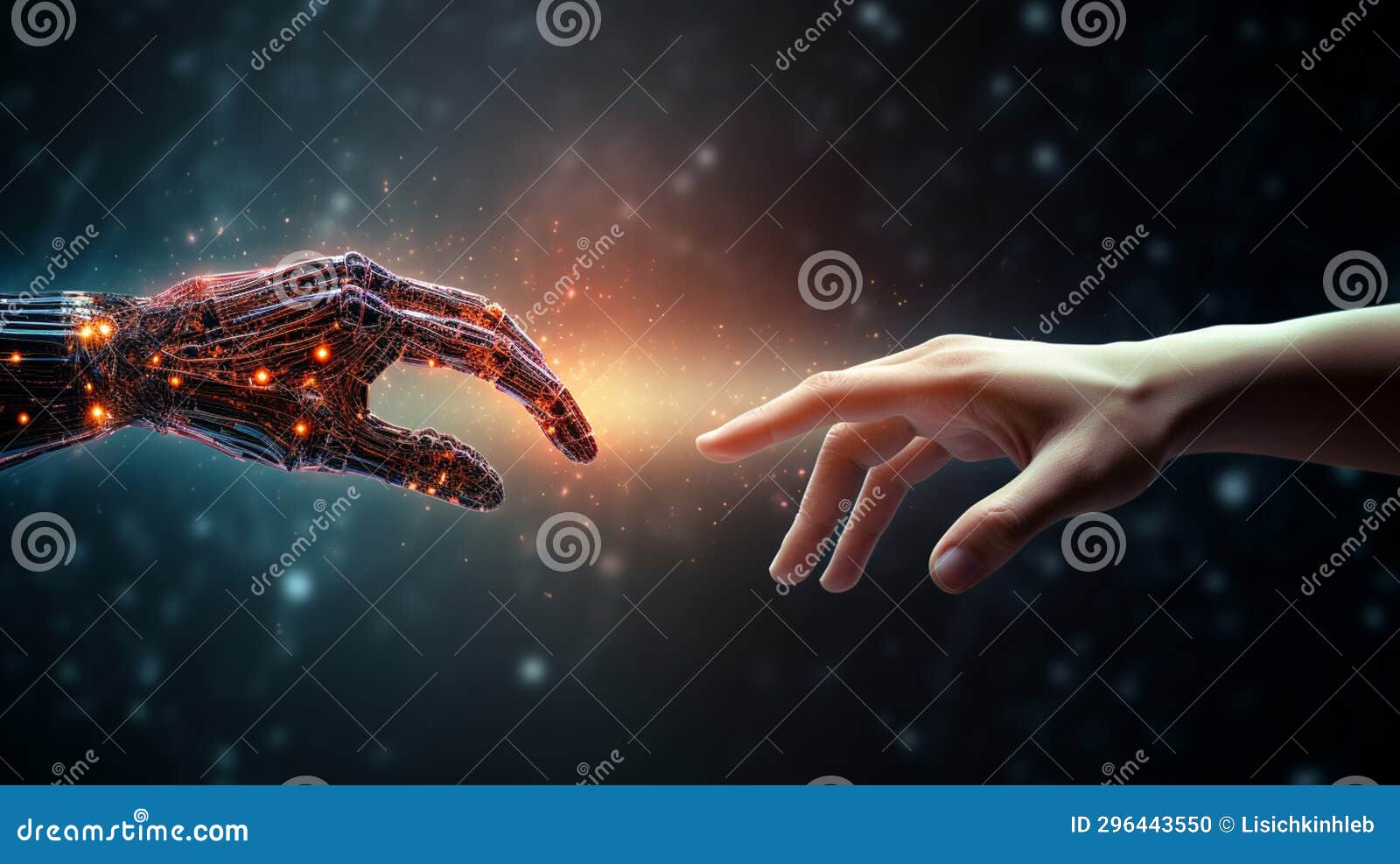 Human Hand and Android Cyborg. Artificial Intelligence Technology ...