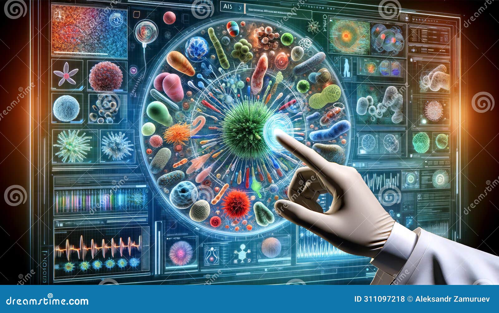 Human Hand on Screen Creating and Analyzing Nano Virus Check Bacterias ...