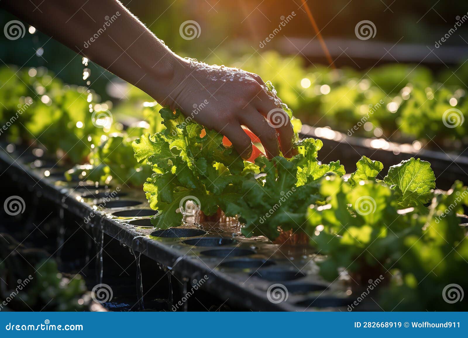 Human Hand Collecting Crop from a Hydroponic Crops on Rows.. Generative ...