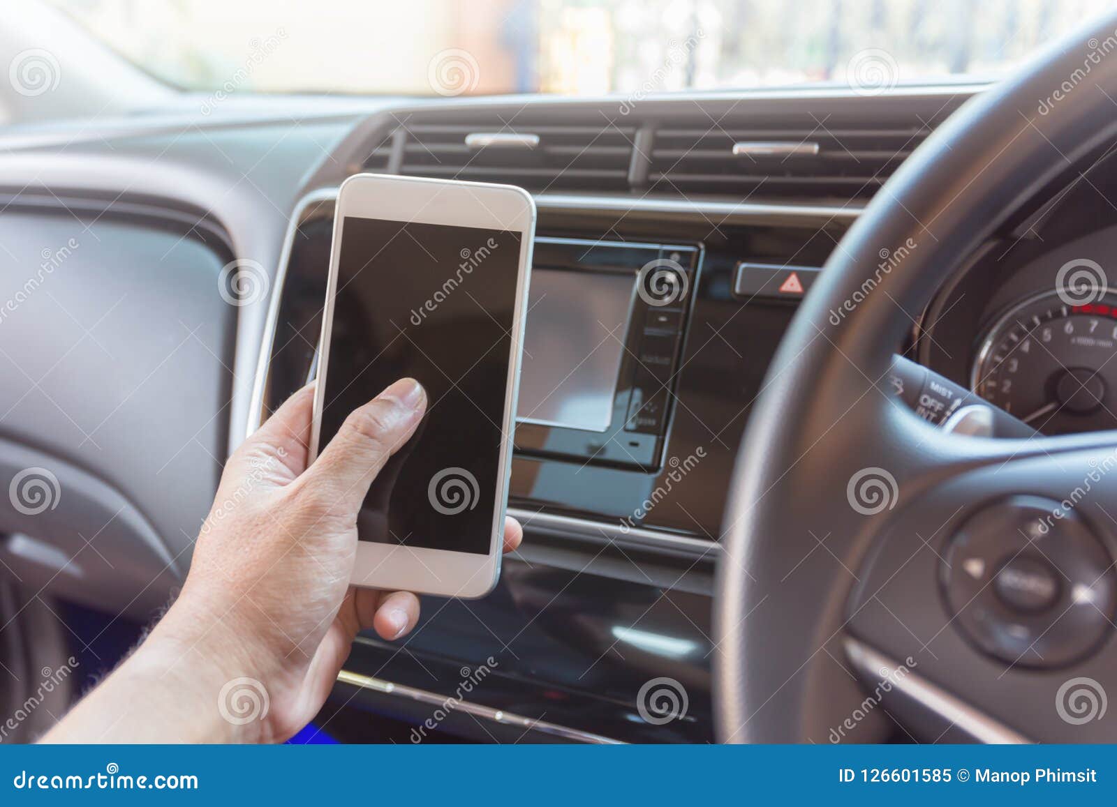 Human Hand Conecting Smart Phone and Car. Stock Image - Image of ...