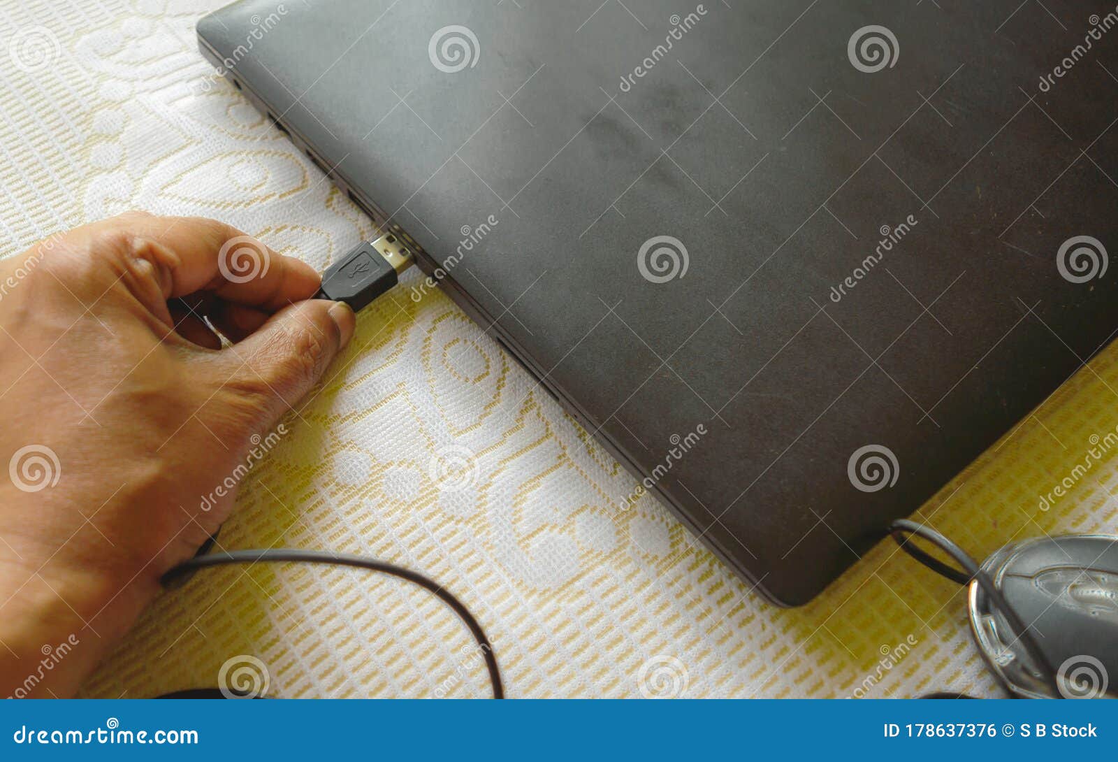 Human Hand Connecting Computer Mouse Connection Cable Plug-in the ...