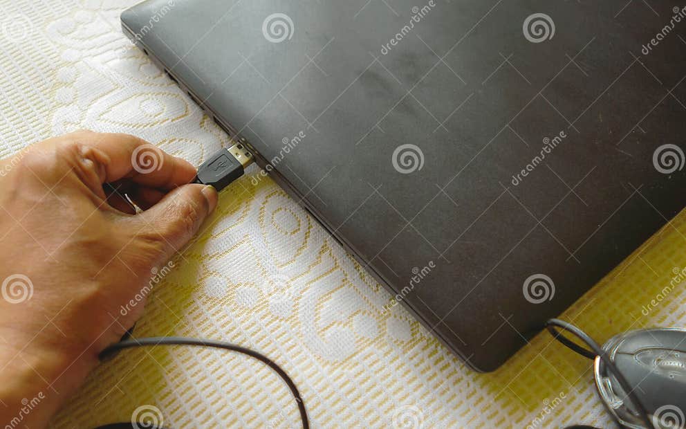 Human Hand Connecting Computer Mouse Connection Cable Plug-in the ...