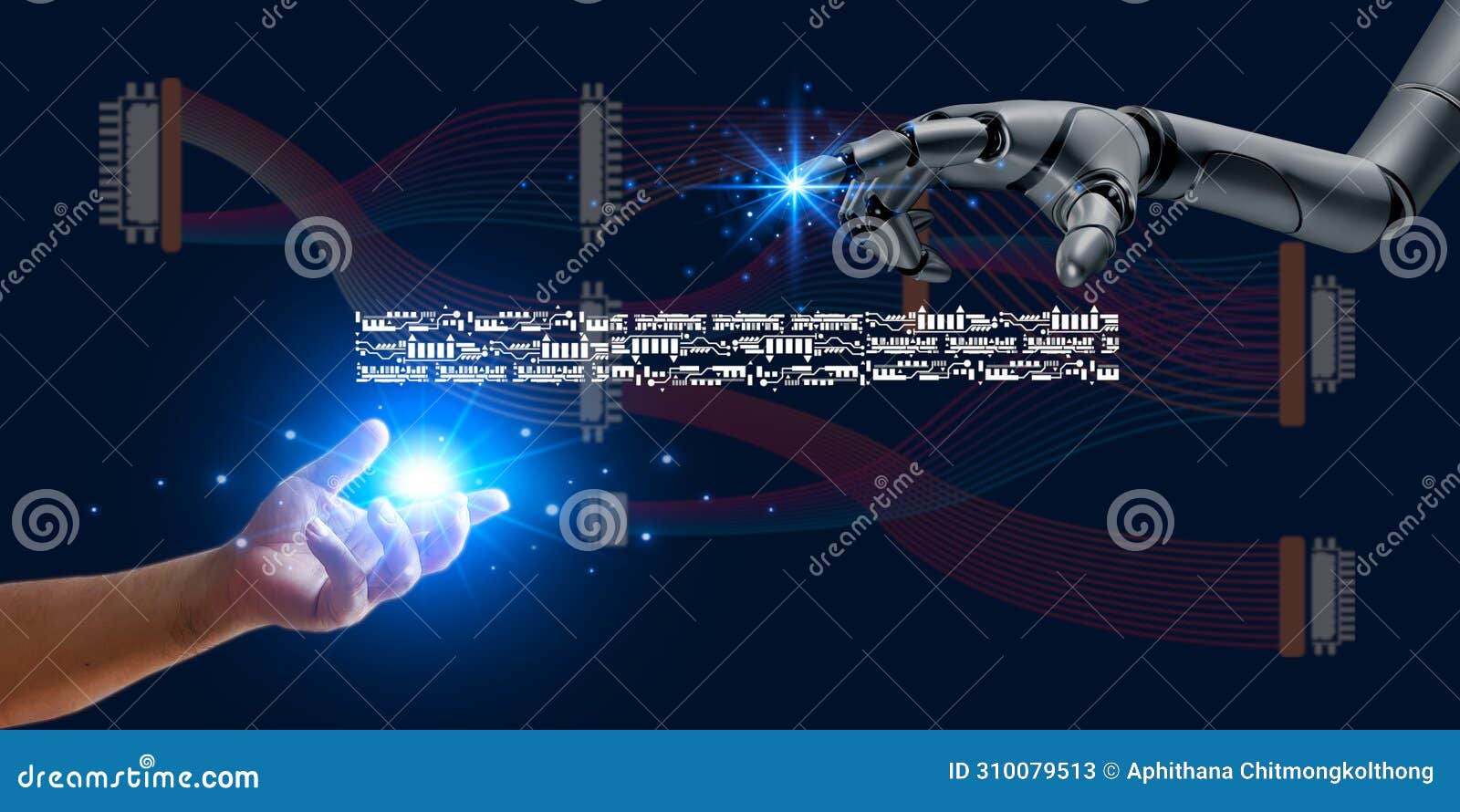 Human Hand Connecting 3D Robotic Hand with Data Flow Diagram Electronic ...