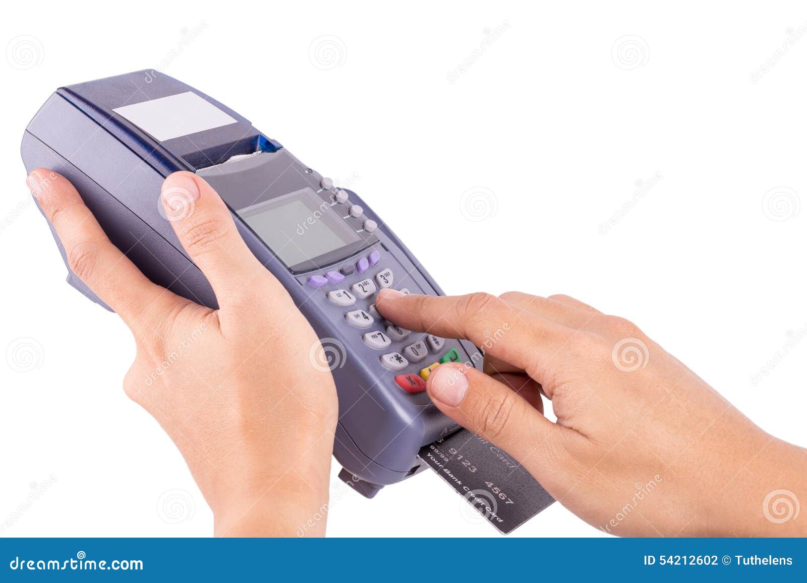 Human Hand with Credit Card Machine Isolated on White Background Stock ...
