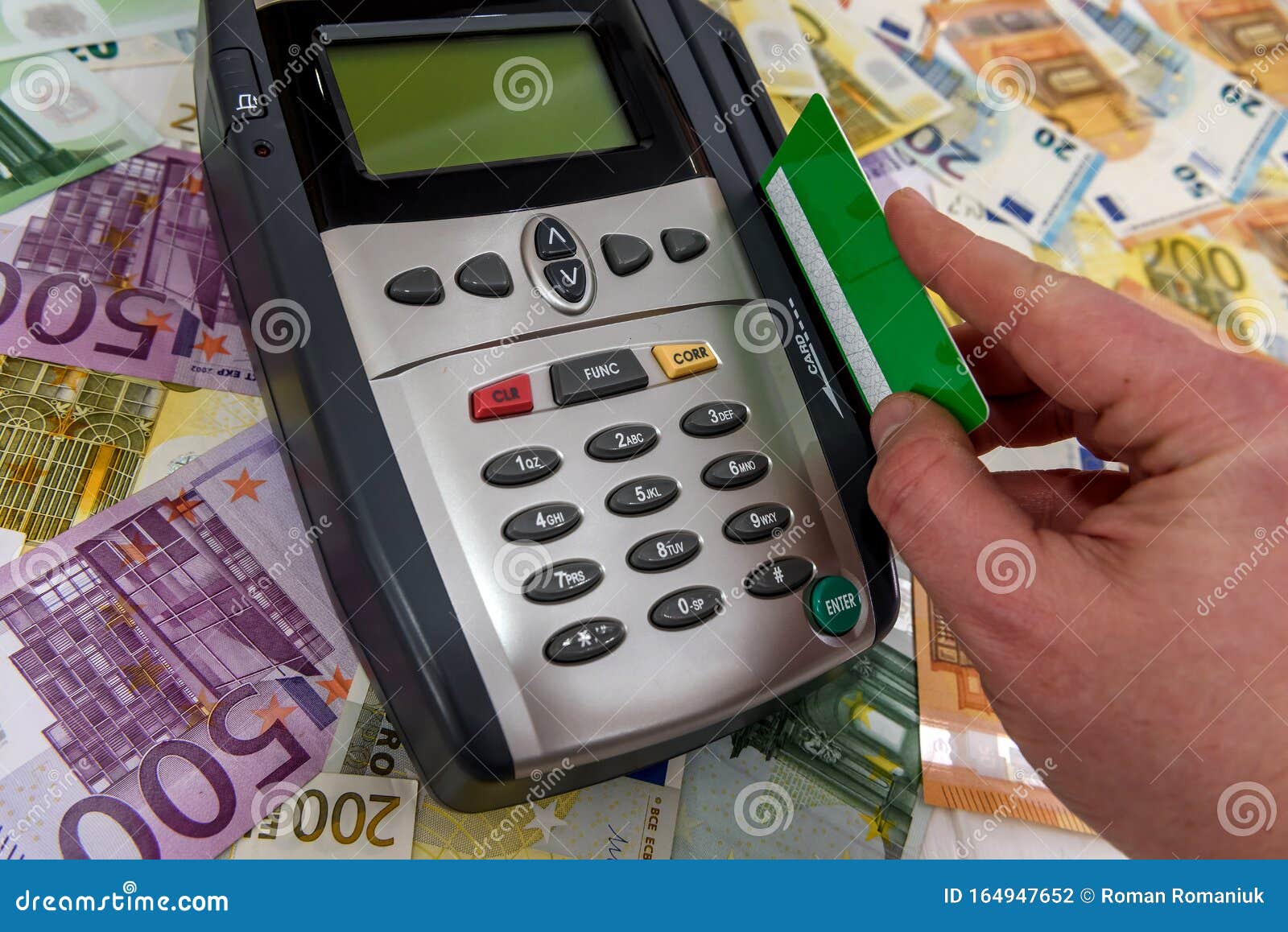 Human Hand with Credit Card and Terminal with Euro Banknotes Stock ...