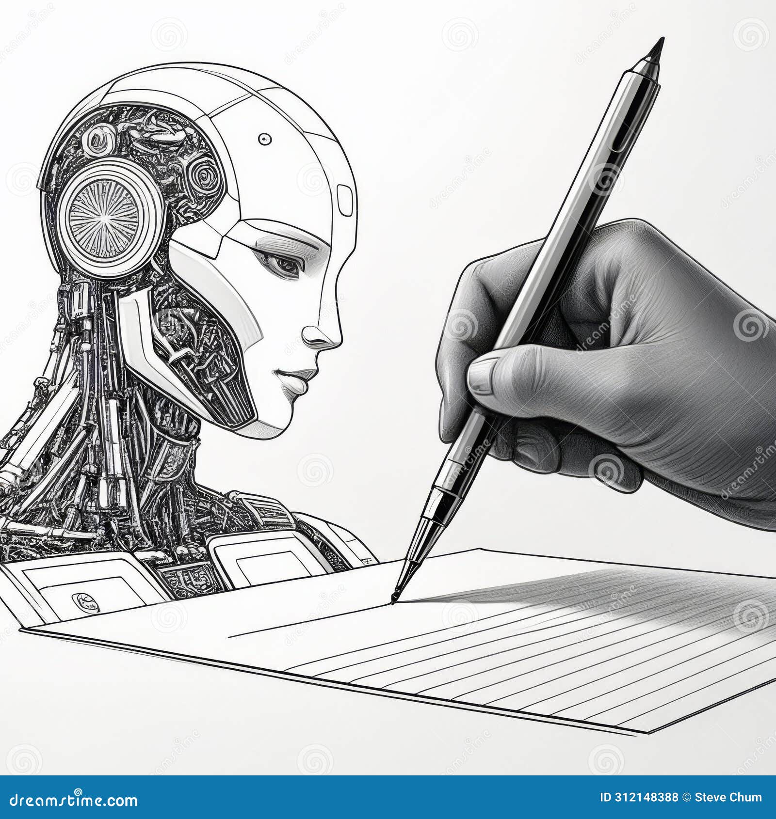 Human Hand Drawing Robot Head on Notebook. Artificial Intelligence ...