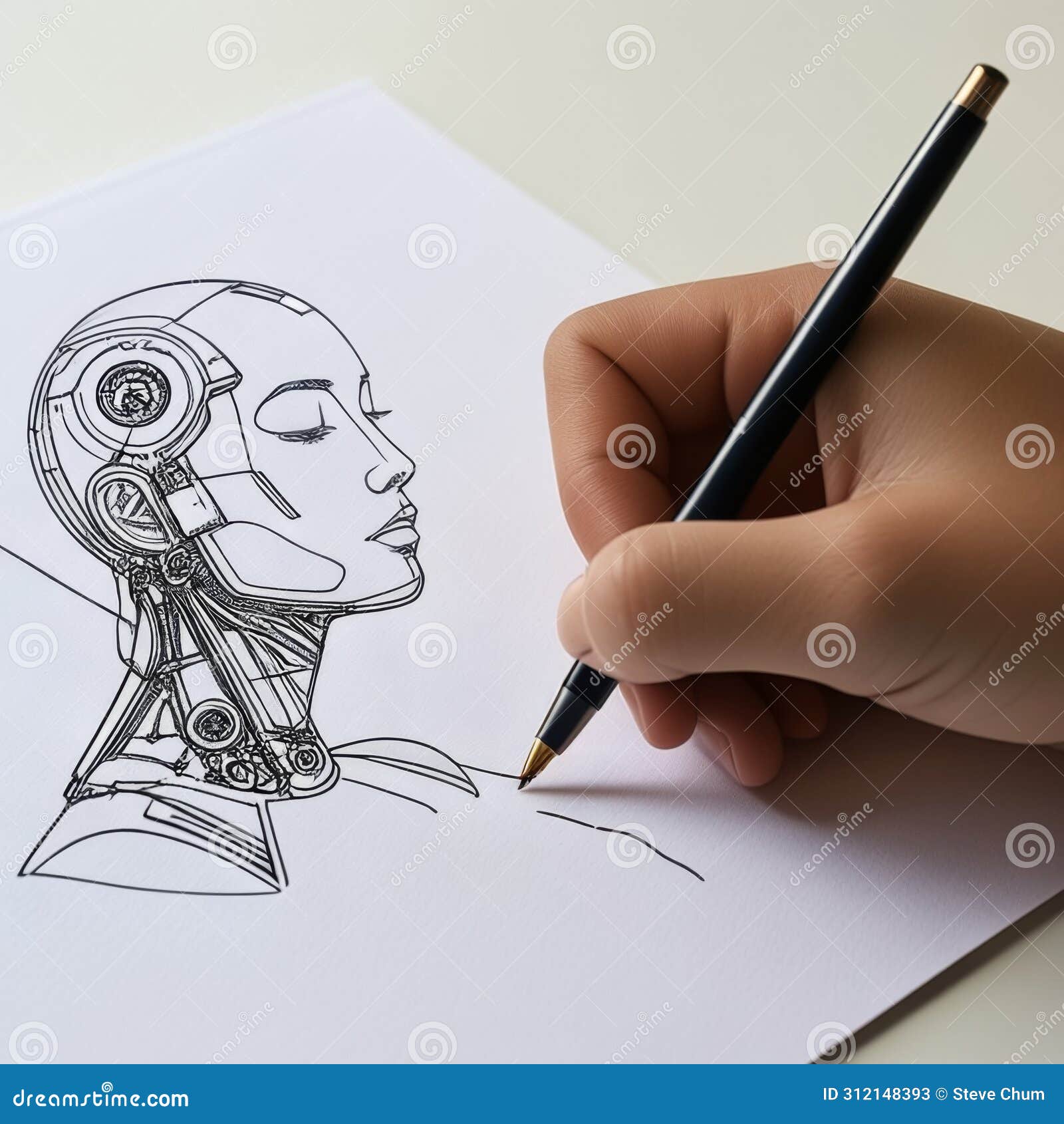Human Hand Drawing Robot Head on Notebook. Artificial Intelligence ...