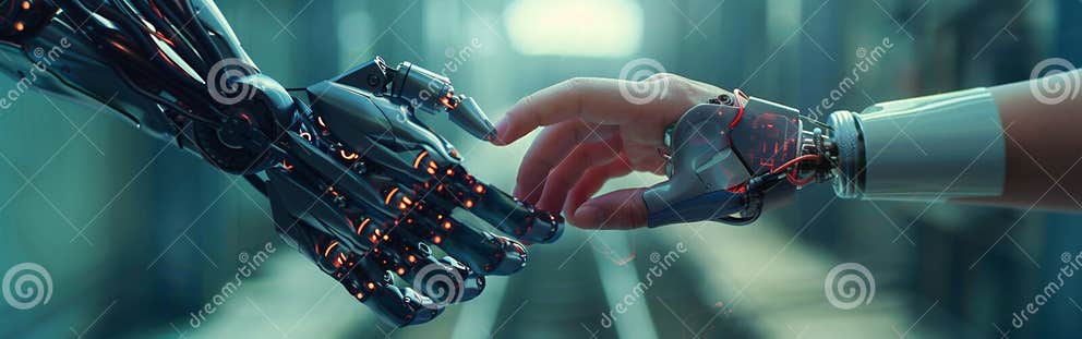 A Human Hand Equipped with Advanced Tech Interacts with a Robotic Hand ...