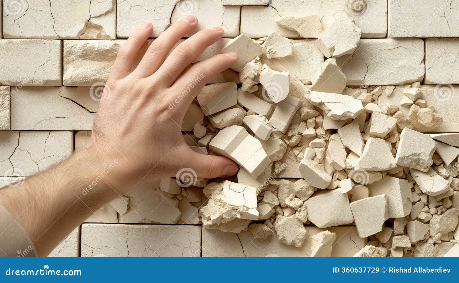 Human Hand Forcefully Breaking through a Crumbling White Brick Wall ...
