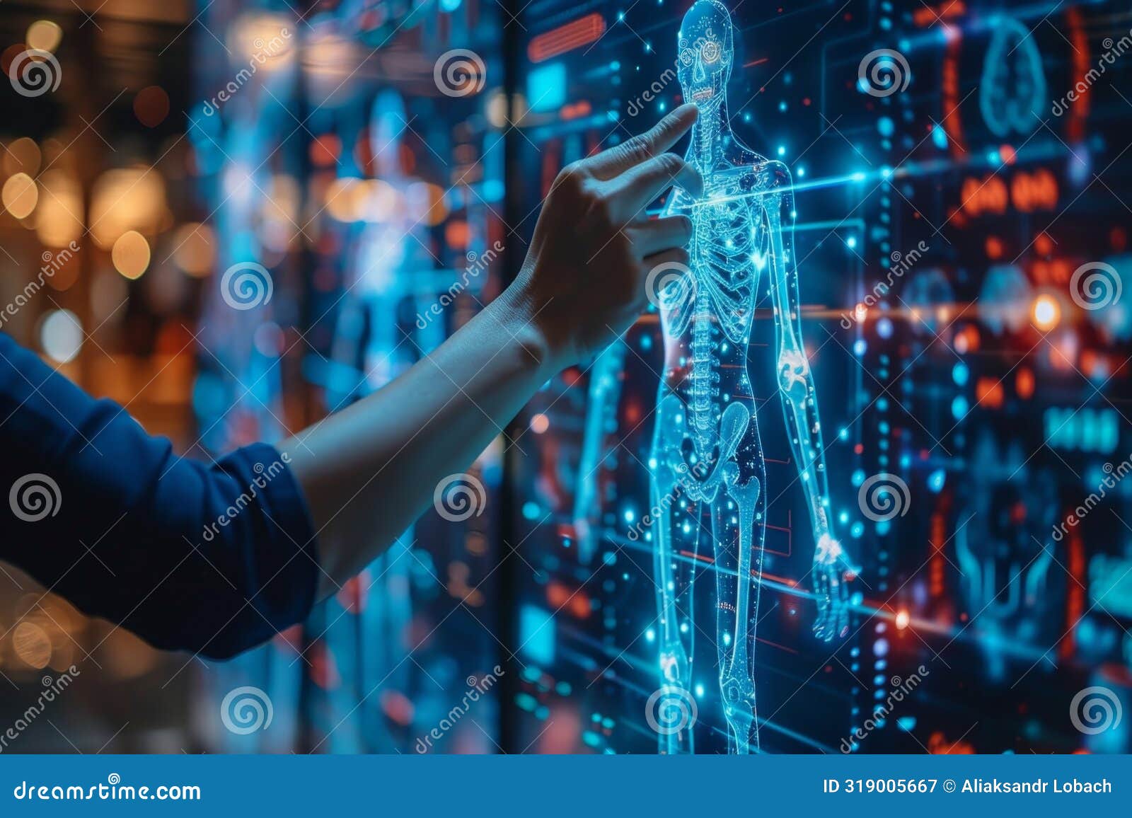 The Human Hand is in Front of a Digital Display with a Human Structure ...