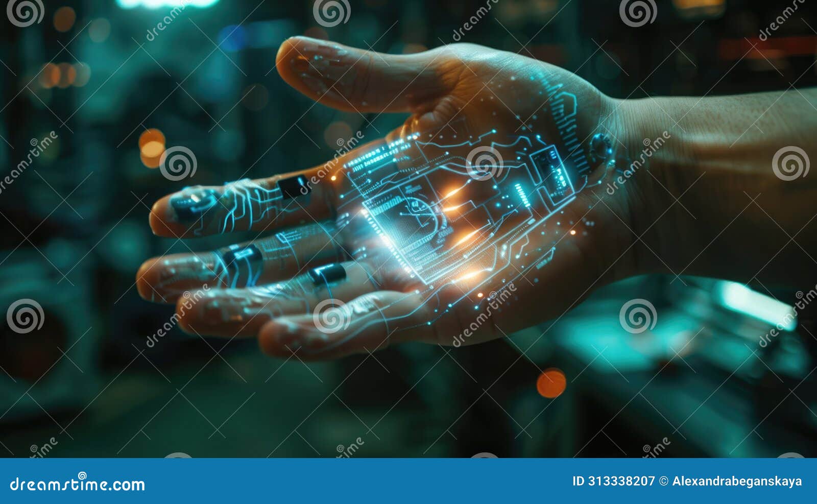 Human Hand with Futuristic Holographic Circuit Technology Stock ...