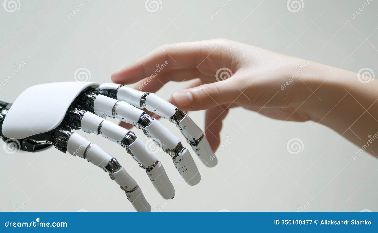 Human Hand Gently Touching a Robotic Hands Fingertips Stock ...