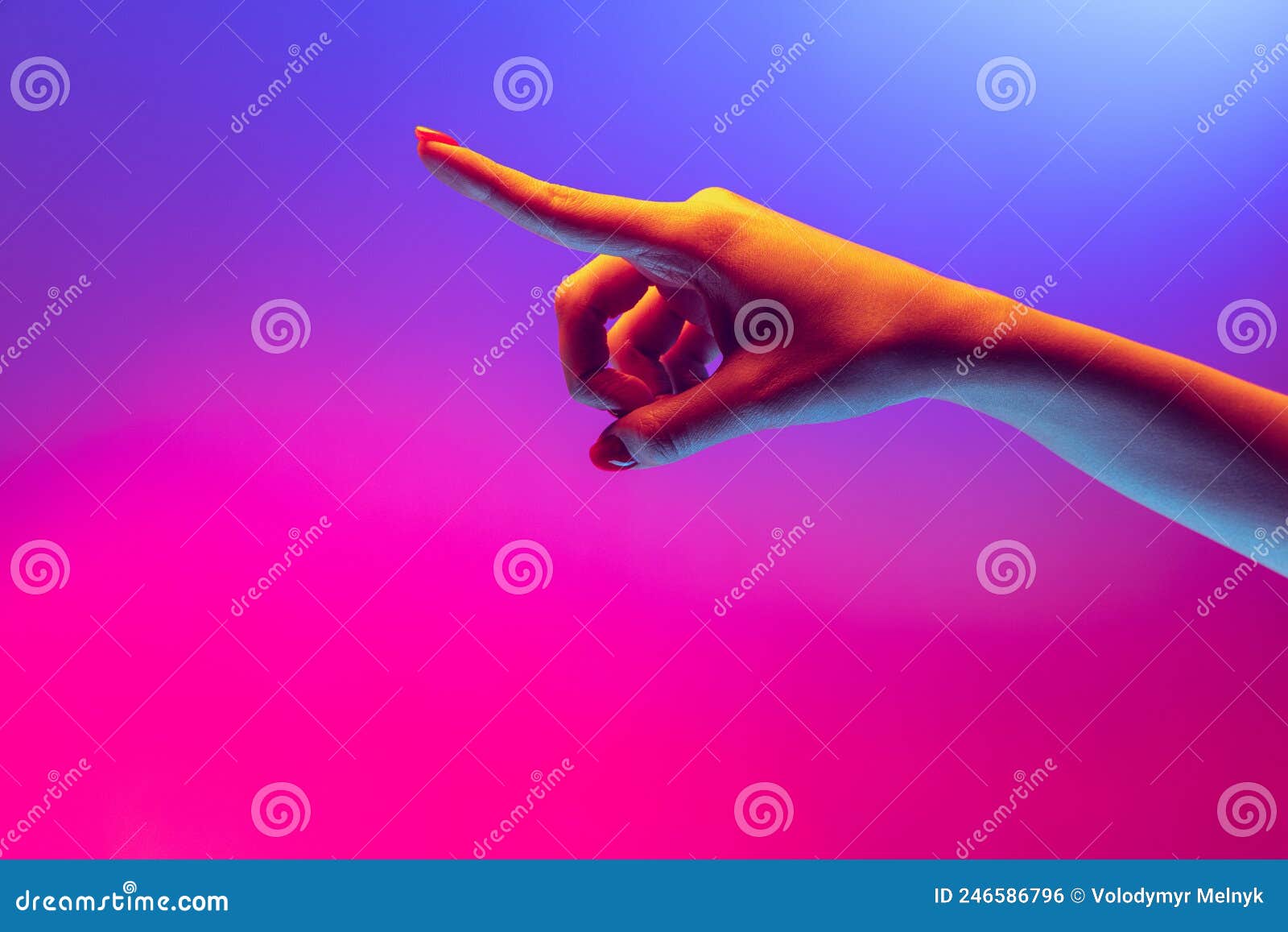 Human Hand Gesturing on Gradient Purple-pink Background in Neon Light ...
