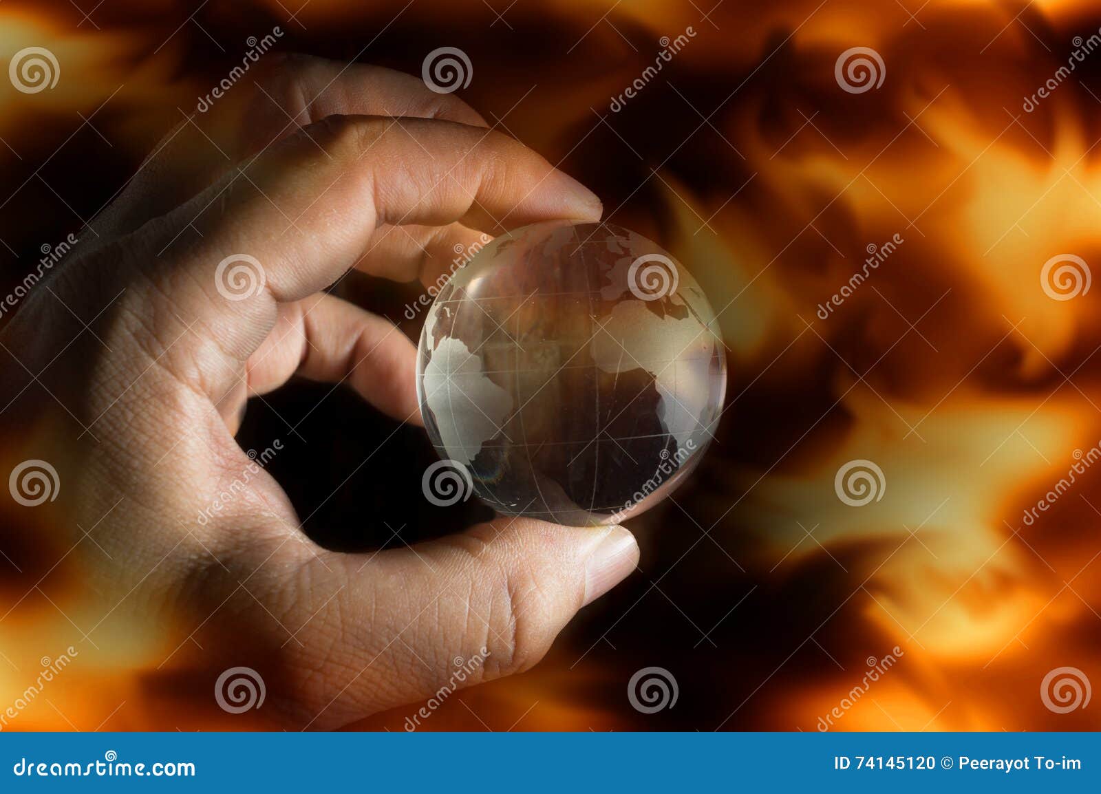 Human Hand Hold Globe,fire Flame Screen. Stock Photo - Image of touch ...