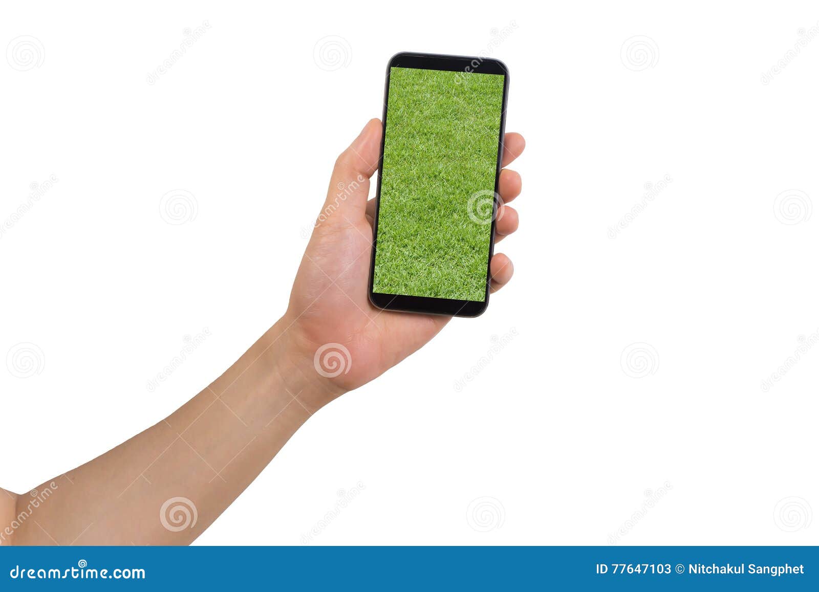Human Hand Hold Smartphone with Grass Field on Screen. Stock Image ...