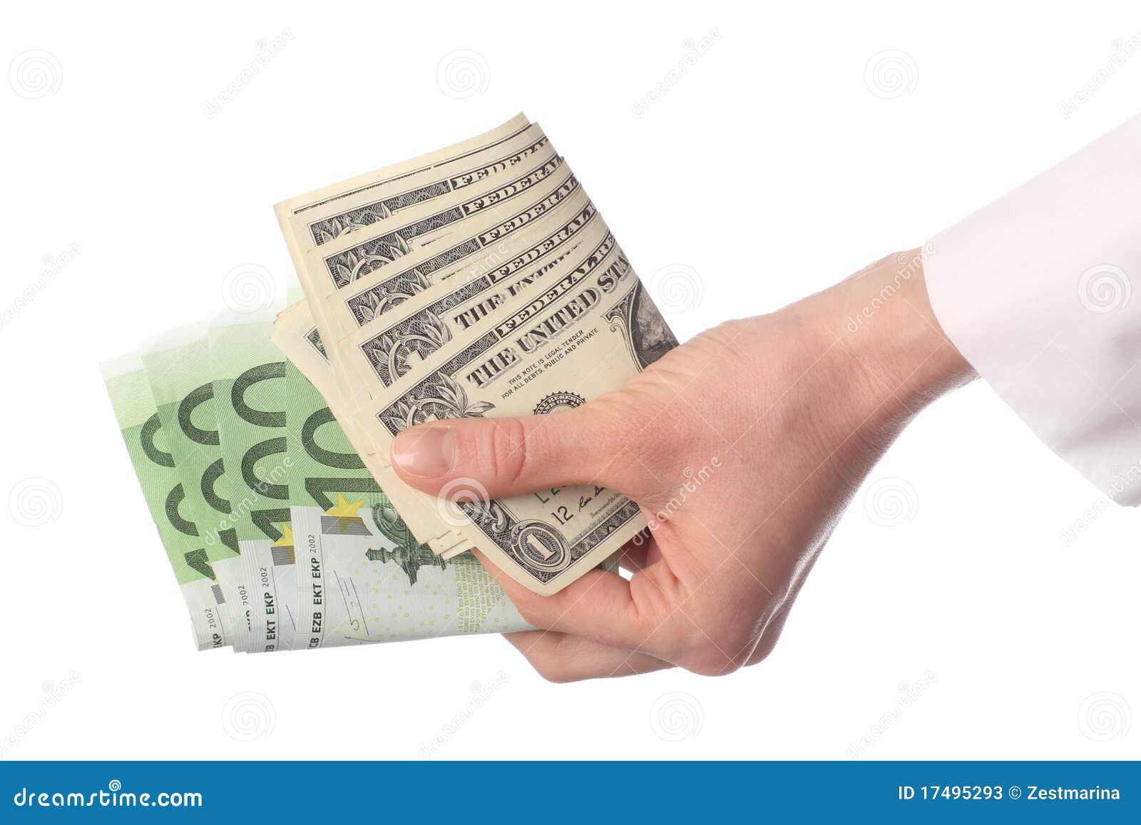 Human Hand Holding Banknotes (euro and Dollar) Stock Image - Image of ...