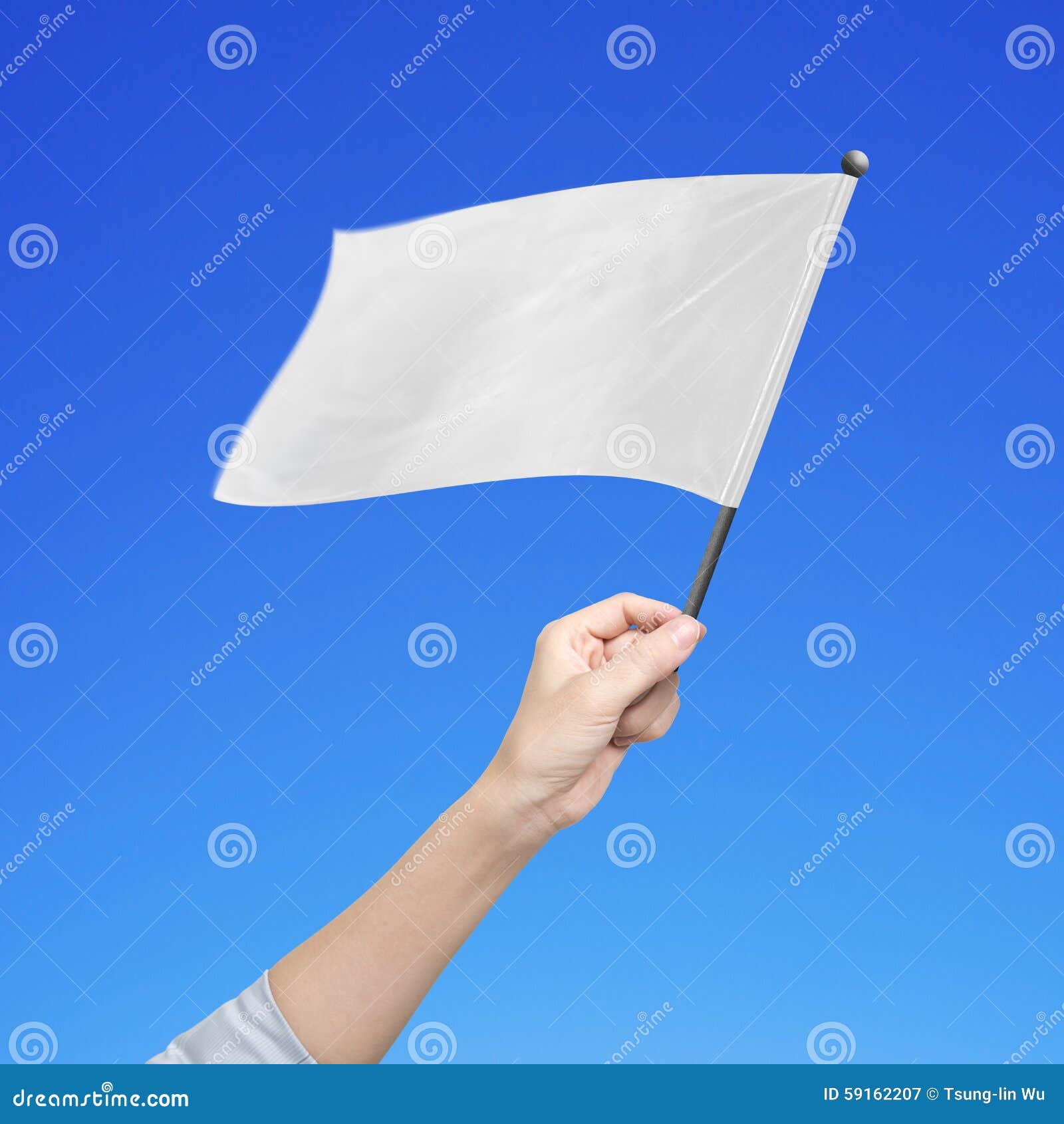 Human Hand Holding Blank White Flag on Blue Stock Image - Image of ...