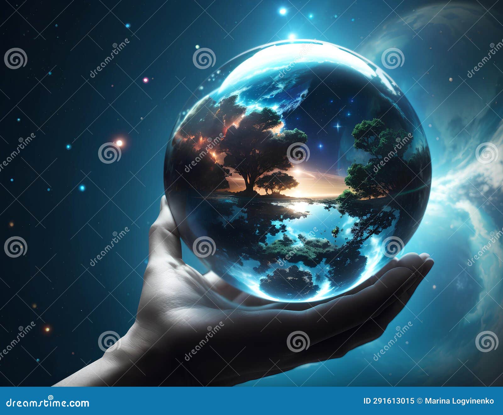 Human Hand Holding Crystal Planet Earth with Landscape Inside. Saving ...