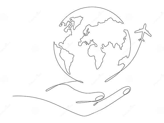 Human Hand Holding Earth Globe With Flying Airplane Continuous Line Art