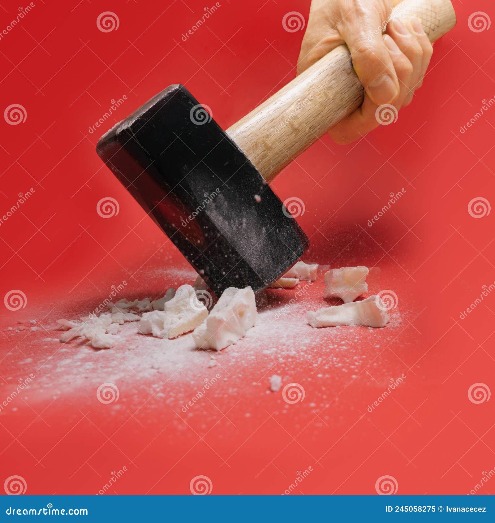 Human Hand Holding Hammer Broke Rock and Smashed it in Pieces.Red ...