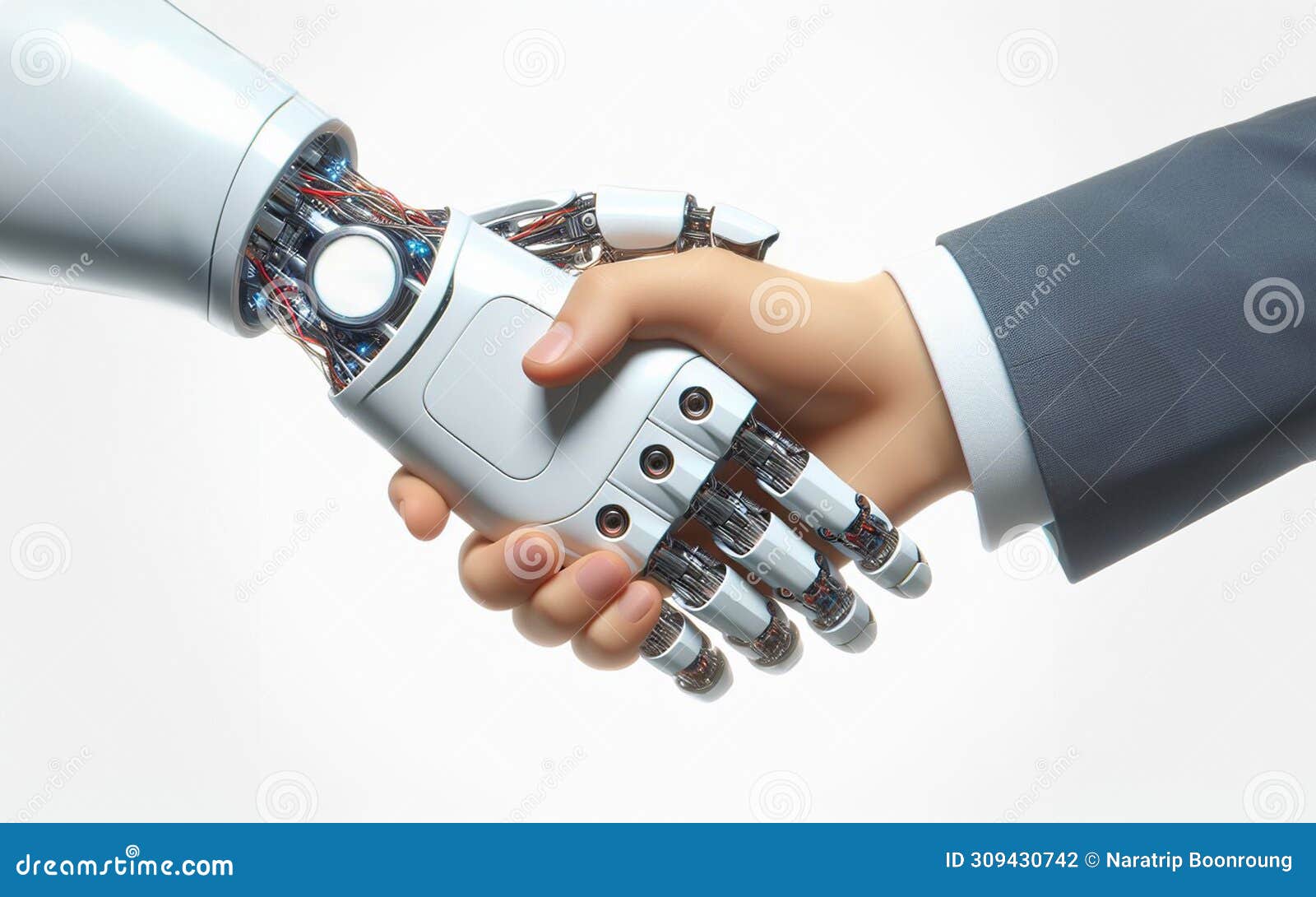 Human Hand Holding Hands with Robot, White Background. Concept of ...