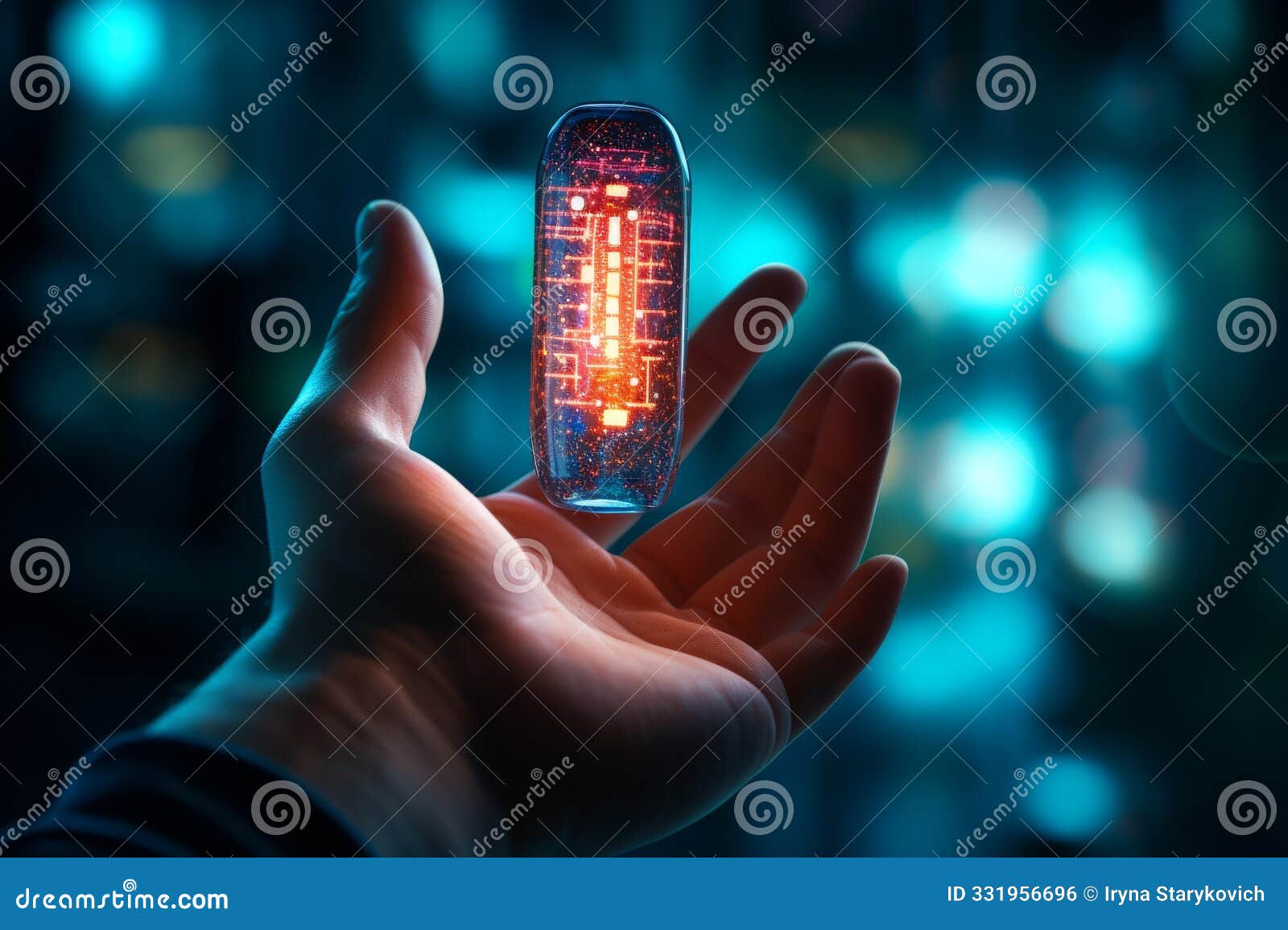 Human Hand Holding a Levitating Glowing Capsule Stock Illustration ...