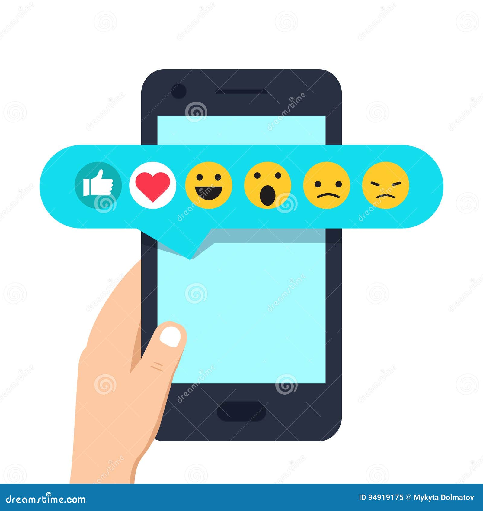 Human Hand Holding Mobile Phone with Social Network Feedback Emoticons ...