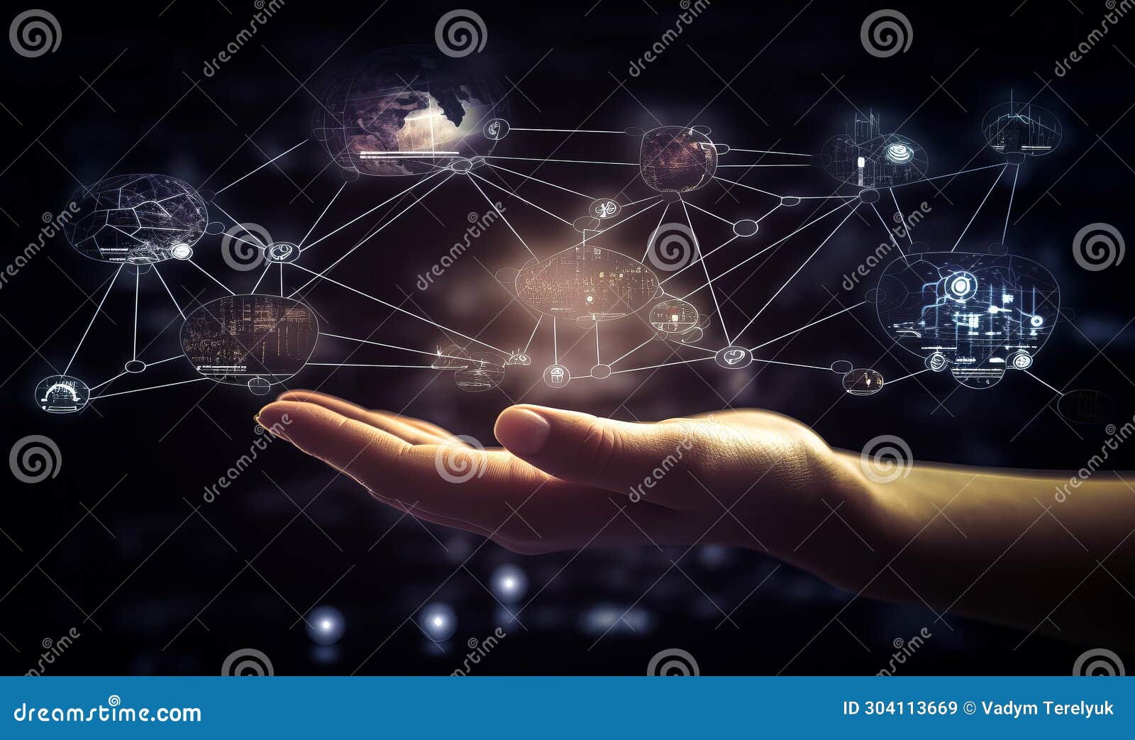 Human Hand Holding the Projection of Neon Images Connected with Each ...