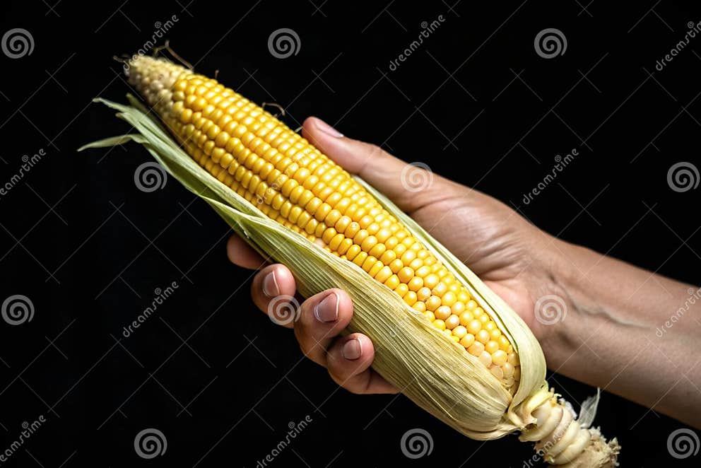 Human Hand Holding Ripe Corn on Black Background Stock Illustration ...
