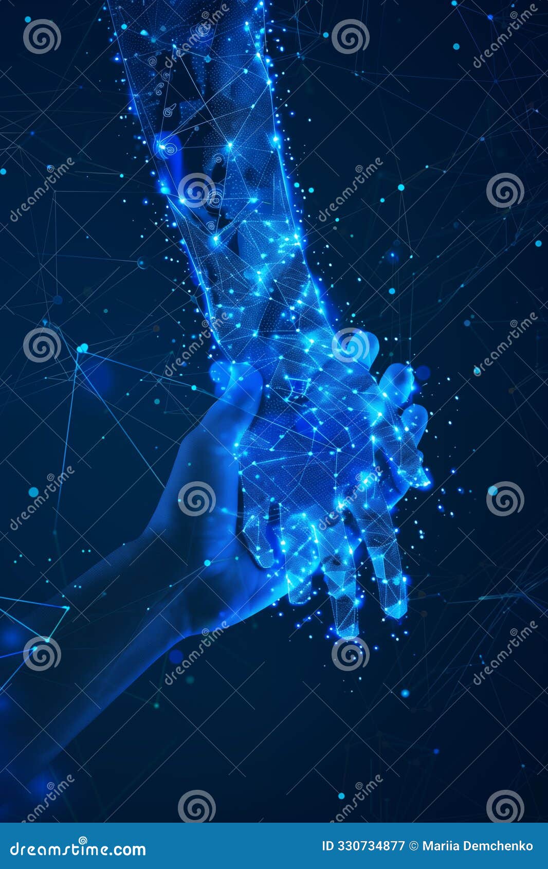Human Hand Holding Robotic Hand in Digital Cyberspace with Network ...