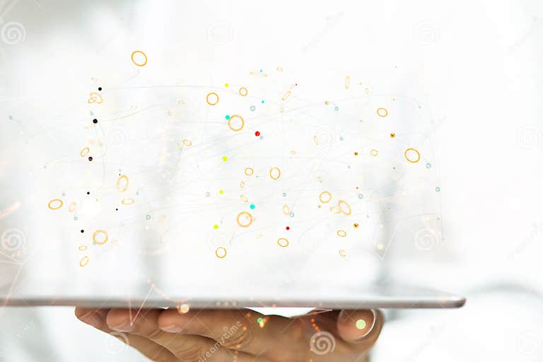 Human Hand Holding Tablet and Showing a Neural Network, Big Data and ...