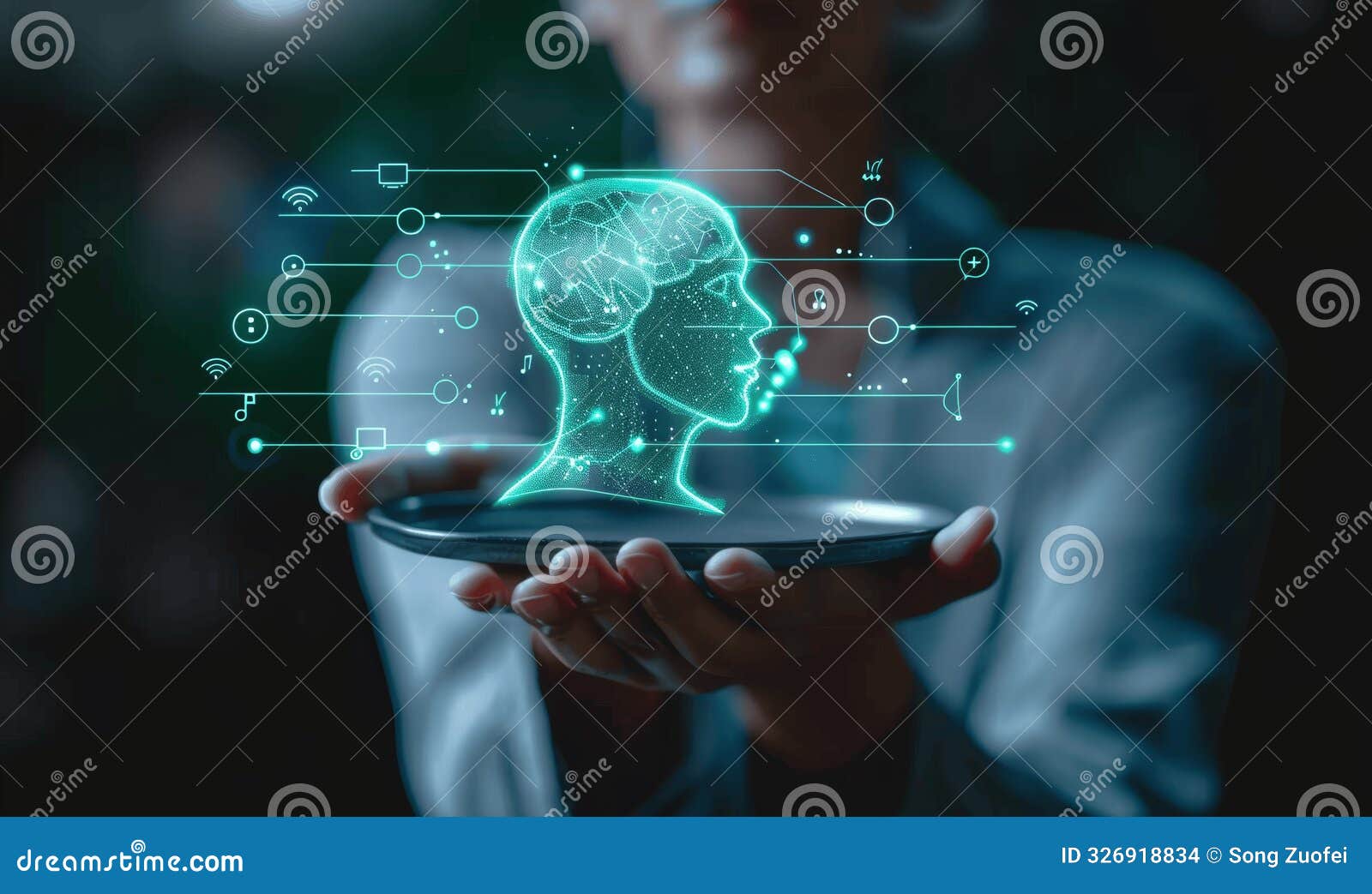 Human Hand Holding Tray with Digital AI Head Icon and Speech Bubbles ...