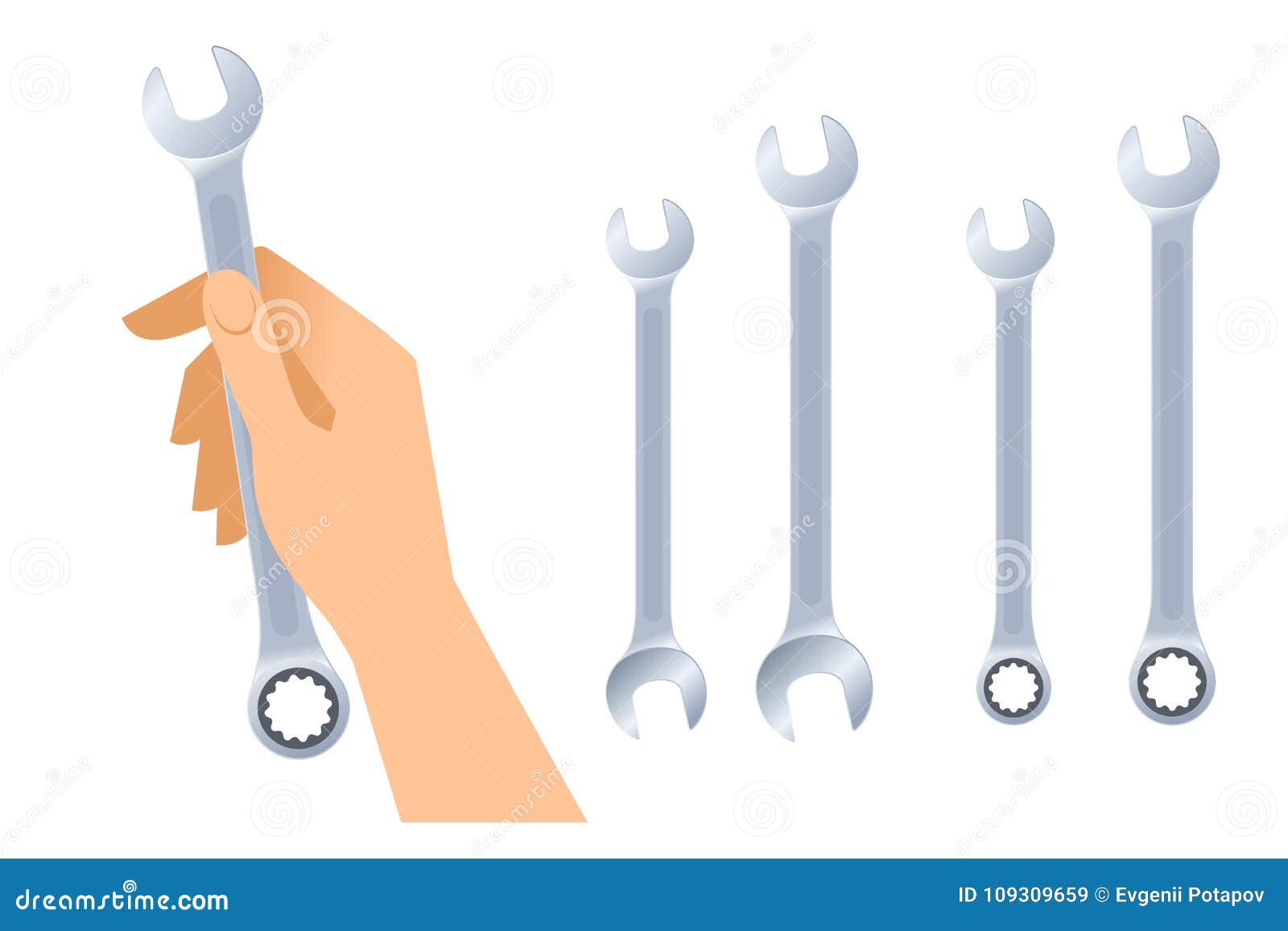 Human Hand Holds Spanner. Chromium Metallic Wrench Set. Stock Vector ...