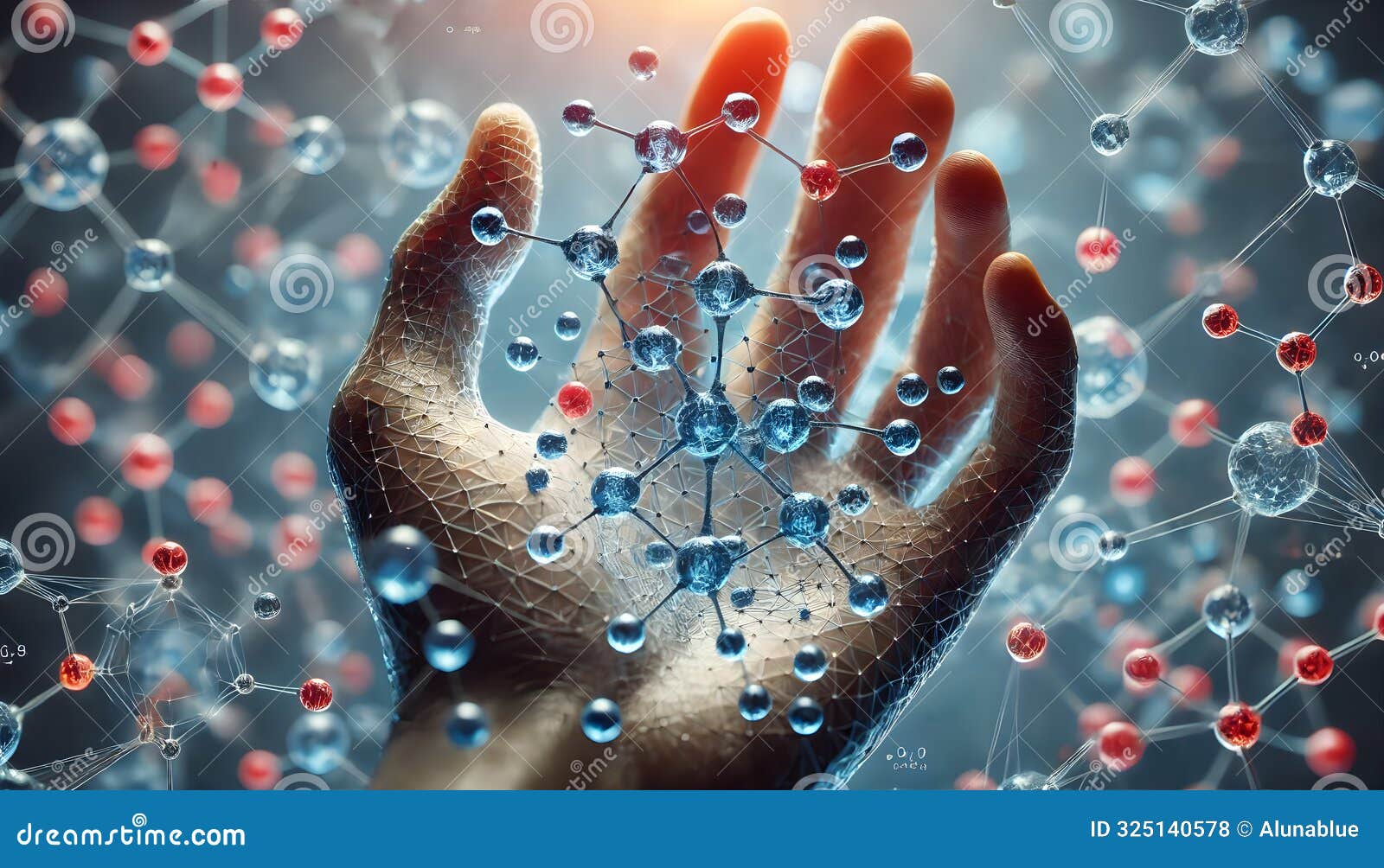 Human Hand Interacting with Molecular Structure in Biotech Illustration ...