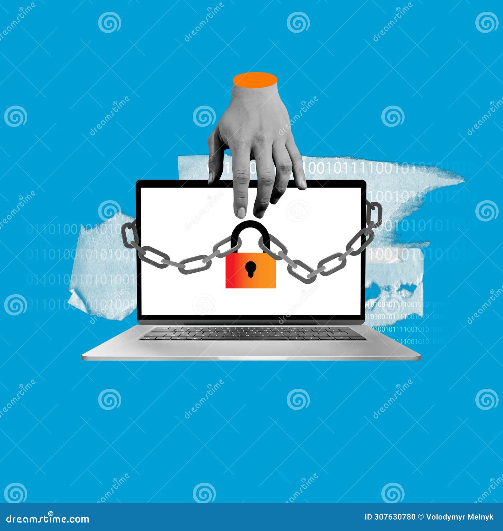 Human Hand Locking Laptop Screen with Chain and Padlock Over Binary ...