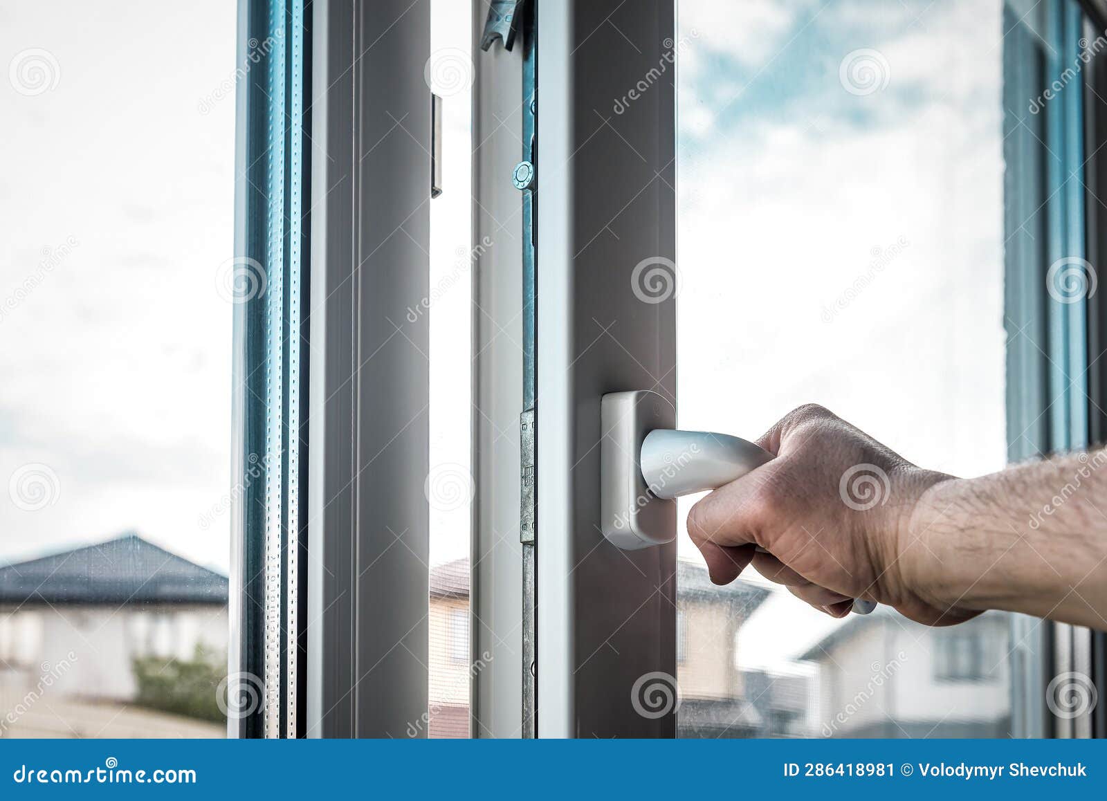 Human hand opens a window stock image. Image of construction - 286418981