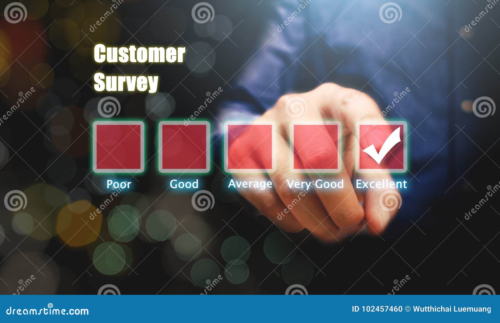 Human Hand Pointing on Excellent Box with Customer Survey Concept ...