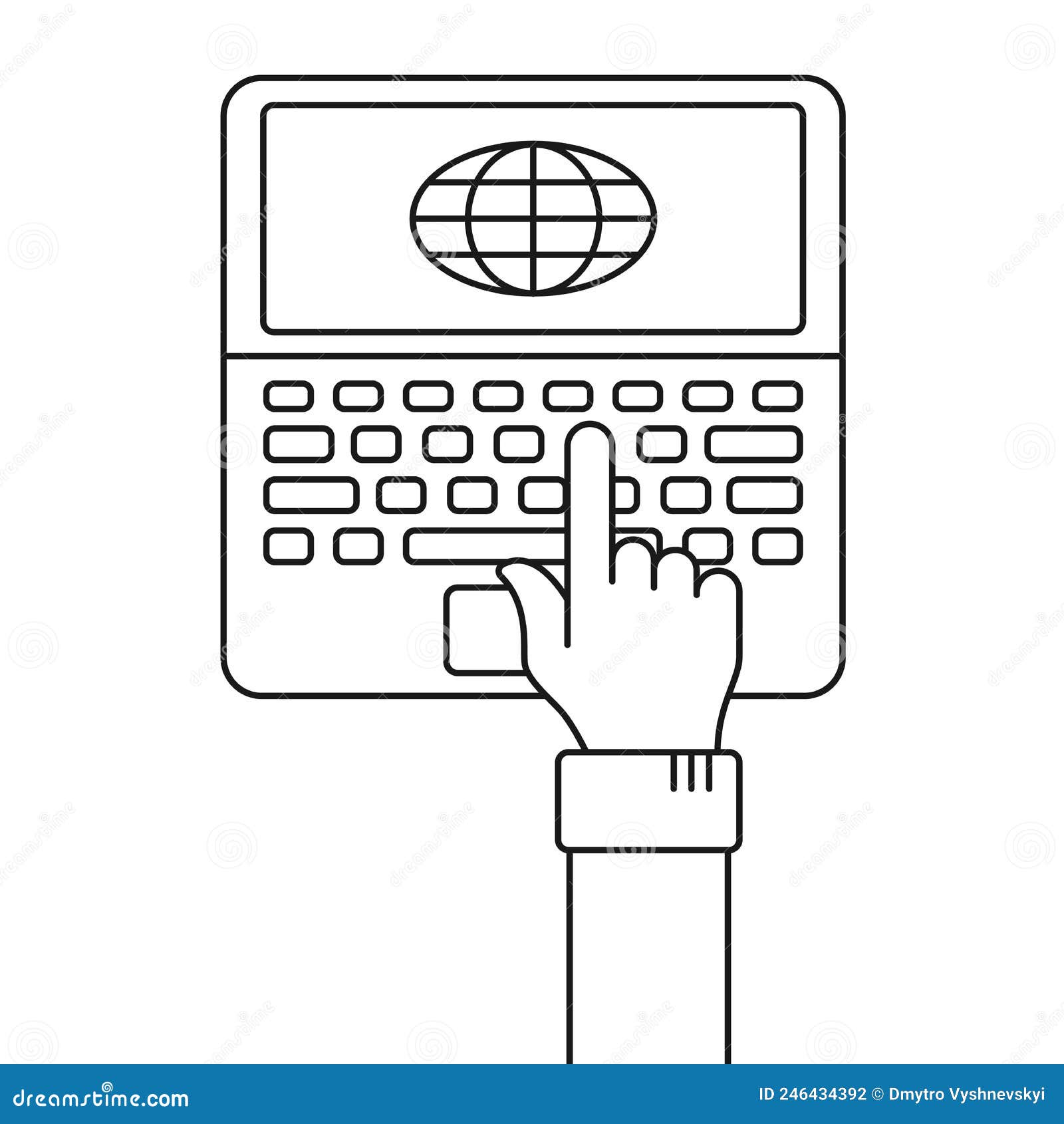 Human Hand Press Button on Laptop with Globe Illustration Stock Vector ...