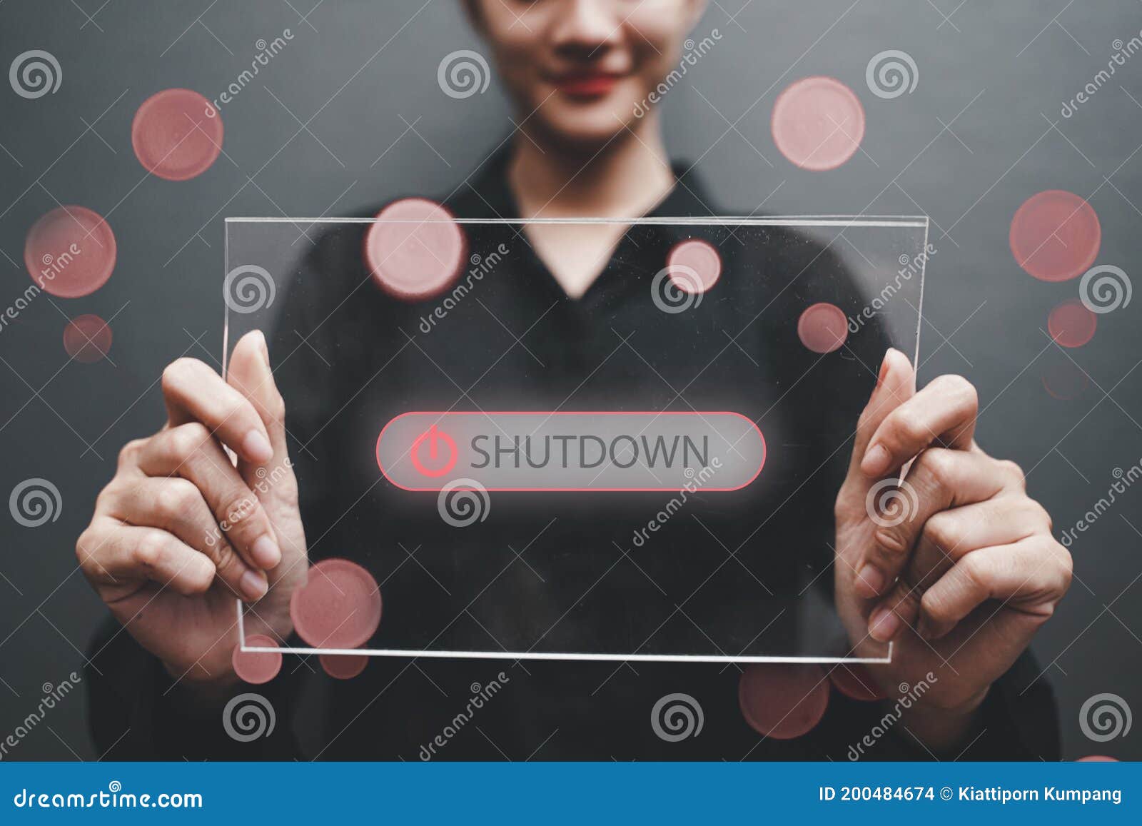 Human Hand Press Shutdown Button on Computer Icon Concept Stock Photo ...